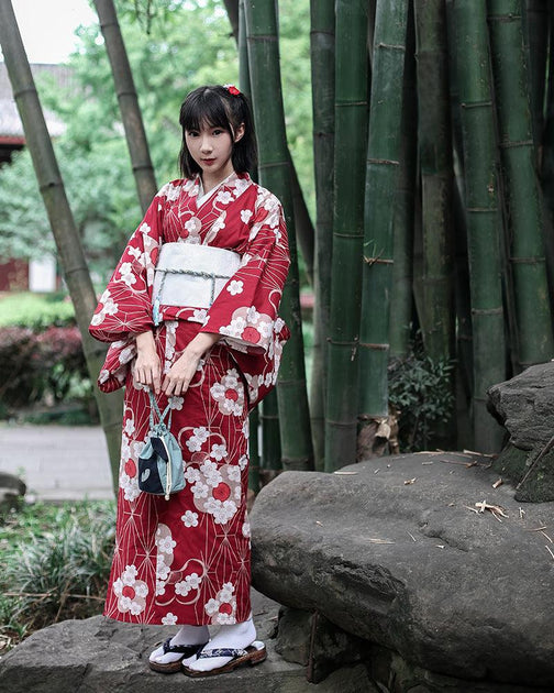 Women Red Sakura Yukata and Obi Belt Set | Japanese Clothing Shop