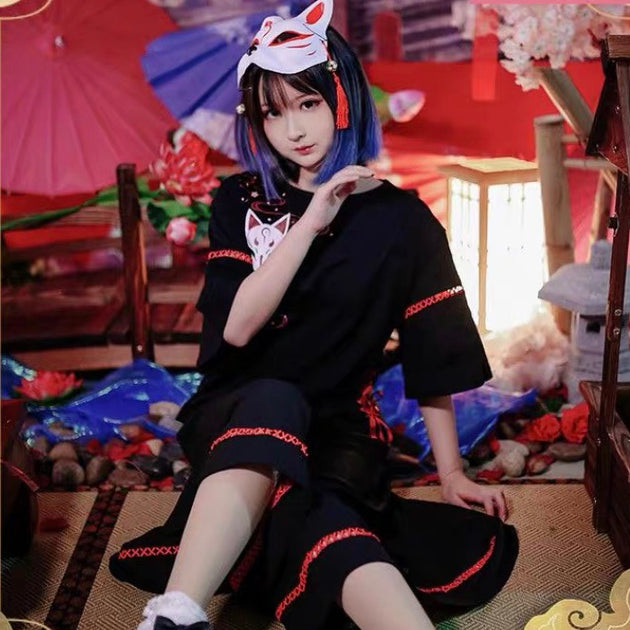 Kawaii outfit kitsune mask black inari festival jinbei foxtume