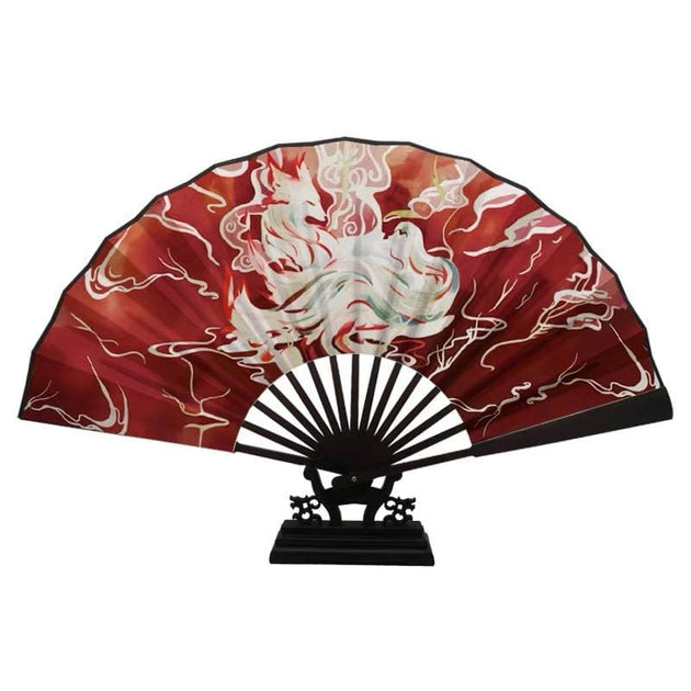 Hand fan japanese folding fan - white kitsune